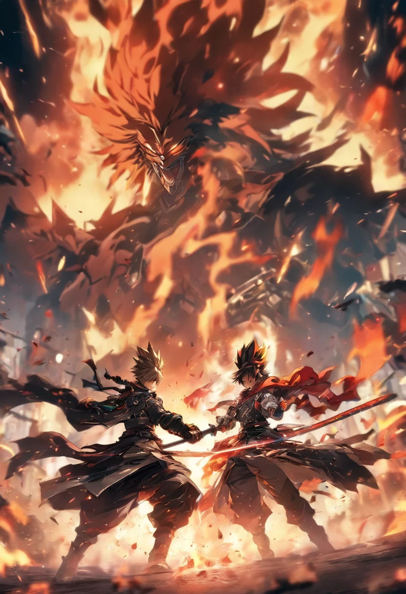 Two men fighting over a fire with swords in front of them - SeaArt AI