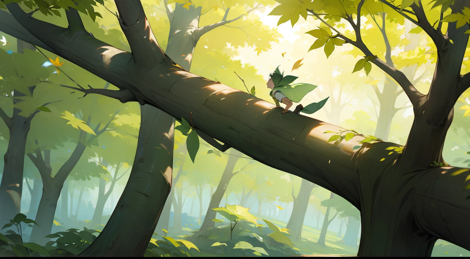 A close up of a person sitting on a tree branch in a forest - SeaArt AI