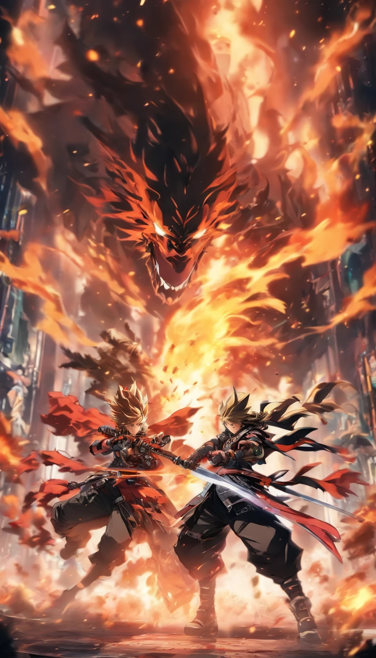 A couple of people with swords in front of a fire - SeaArt AI