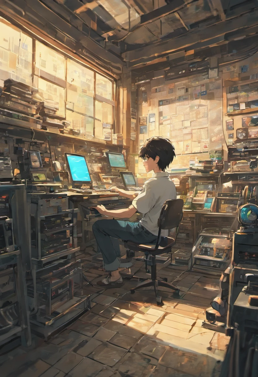 Anime art of a boy sitting at a desk with a laptop - SeaArt AI