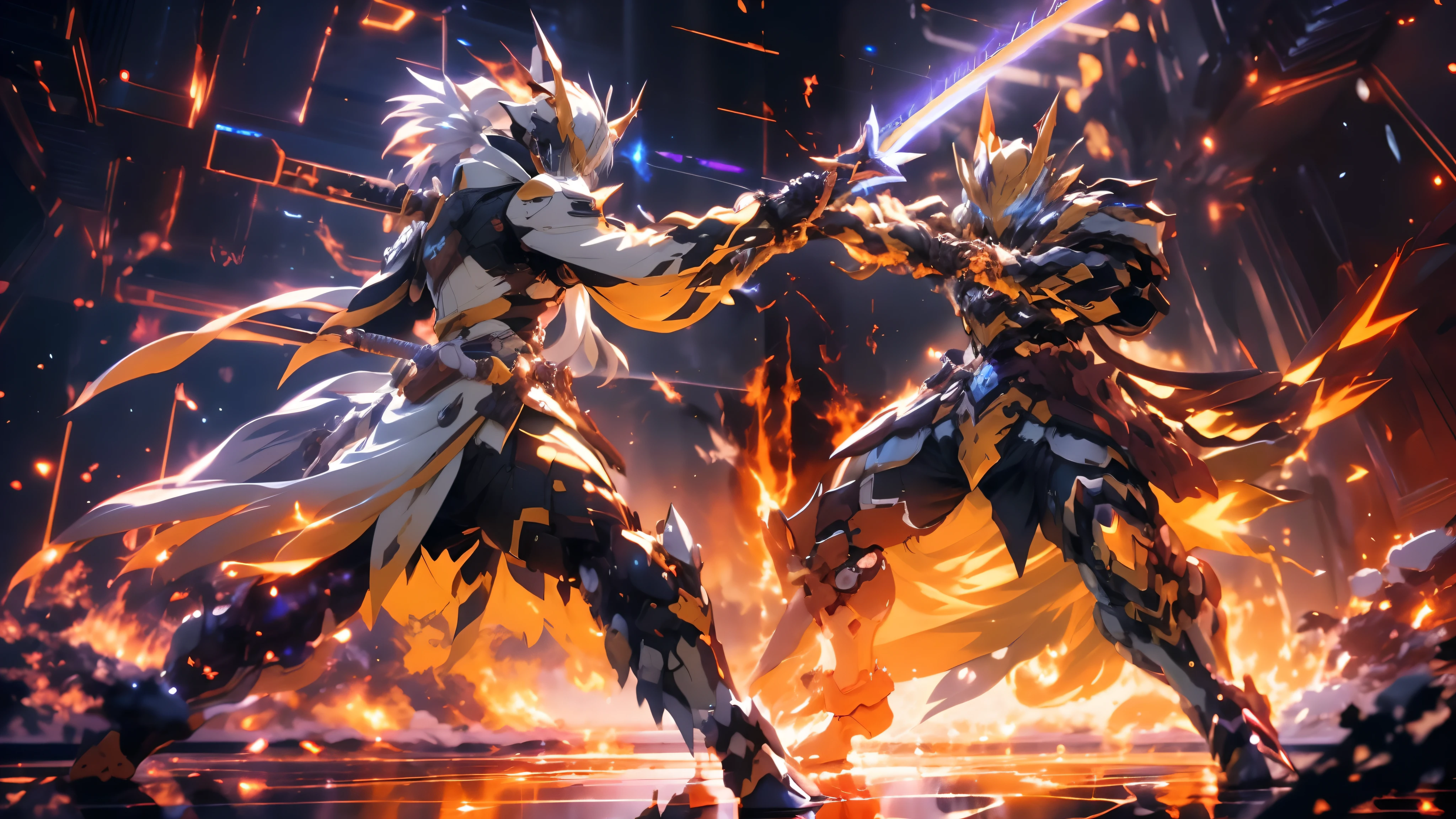 Two anime characters fighting with swords in a dark room - SeaArt AI