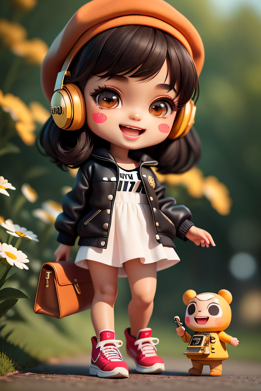 Anime girl with headphones and a teddy bear walking down a path - SeaArt AI