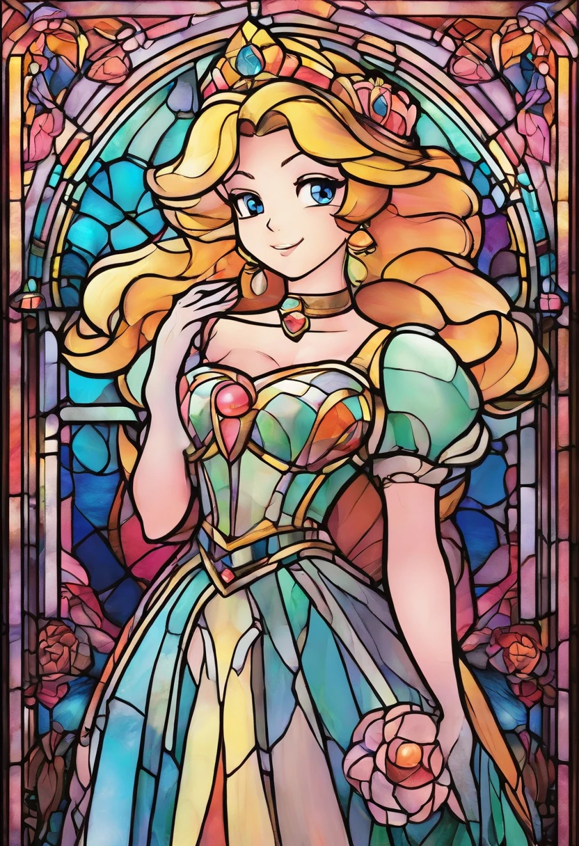 A stained glass picture of a beautiful princess with a flower in her ...