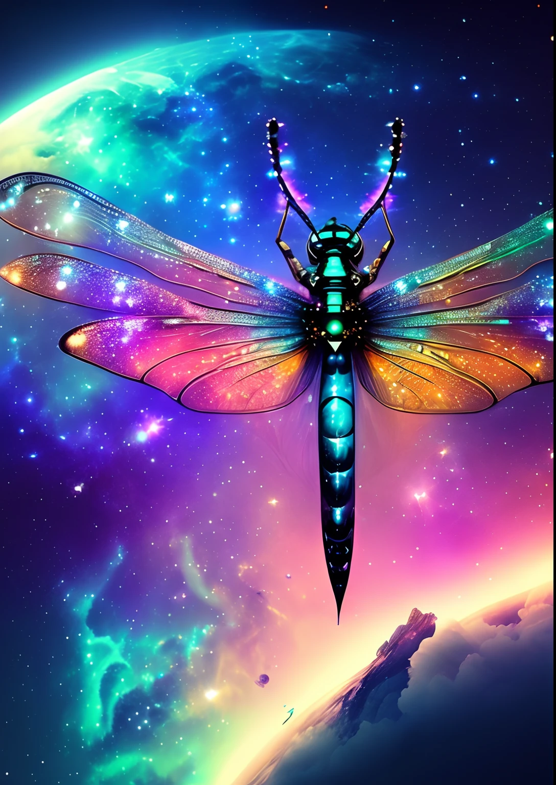 A dragonfly flying over a planet with a bright blue sky - SeaArt AI