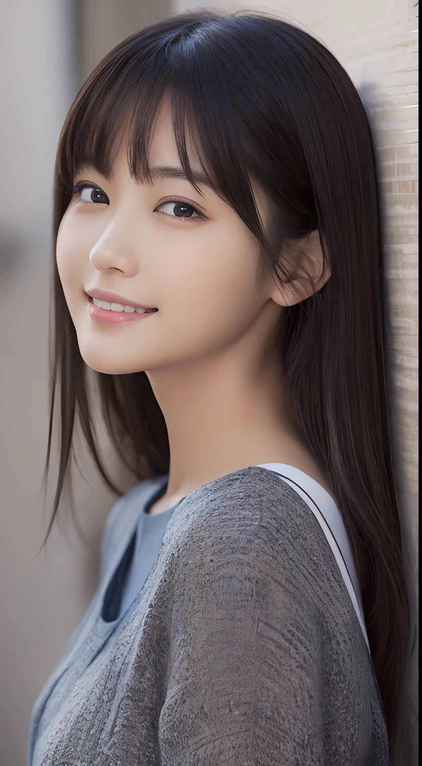 A close up of a woman with long hair leaning against a wall - SeaArt AI
