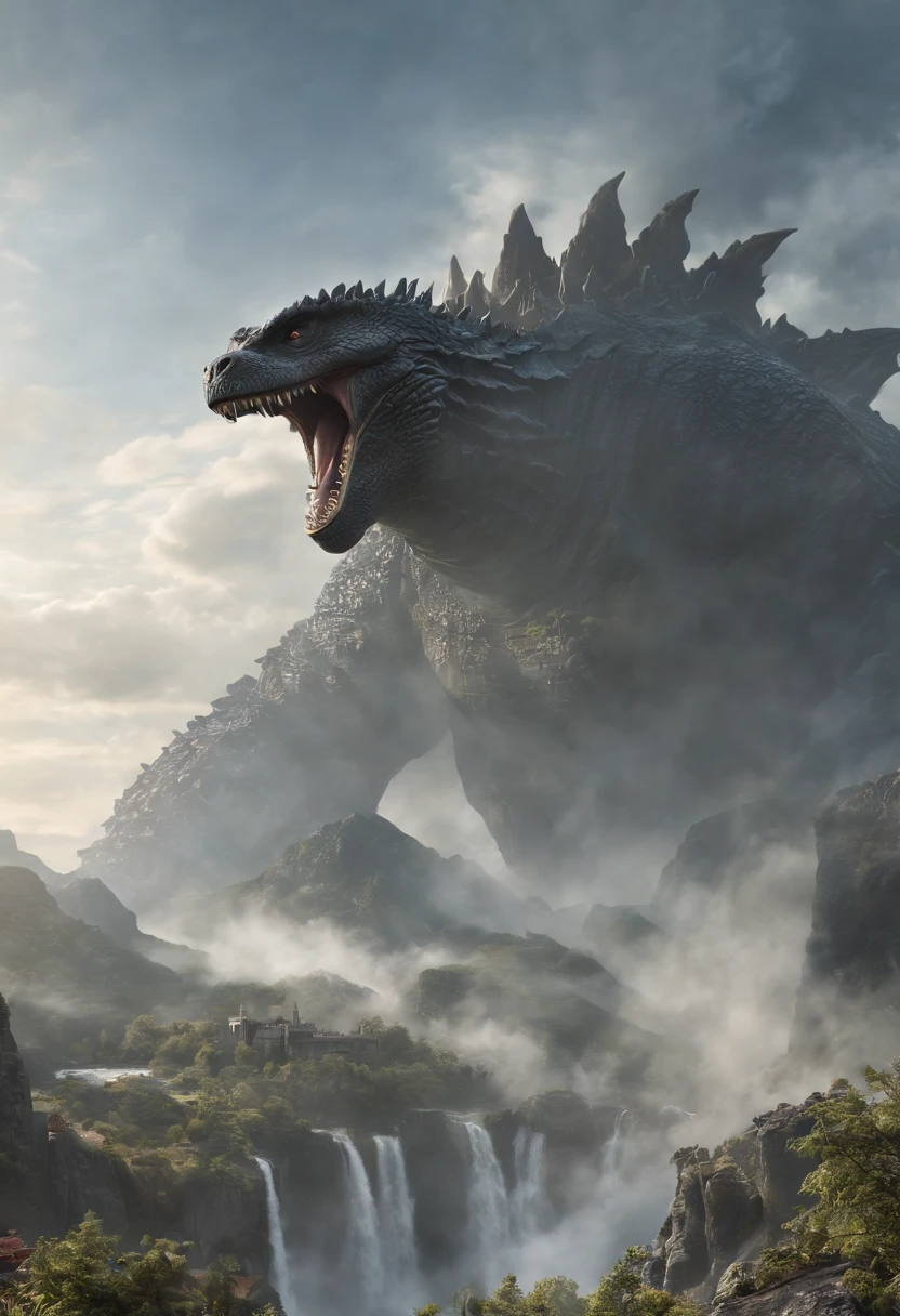 Godzilla rising over a waterfall in the middle of a jungle - SeaArt AI