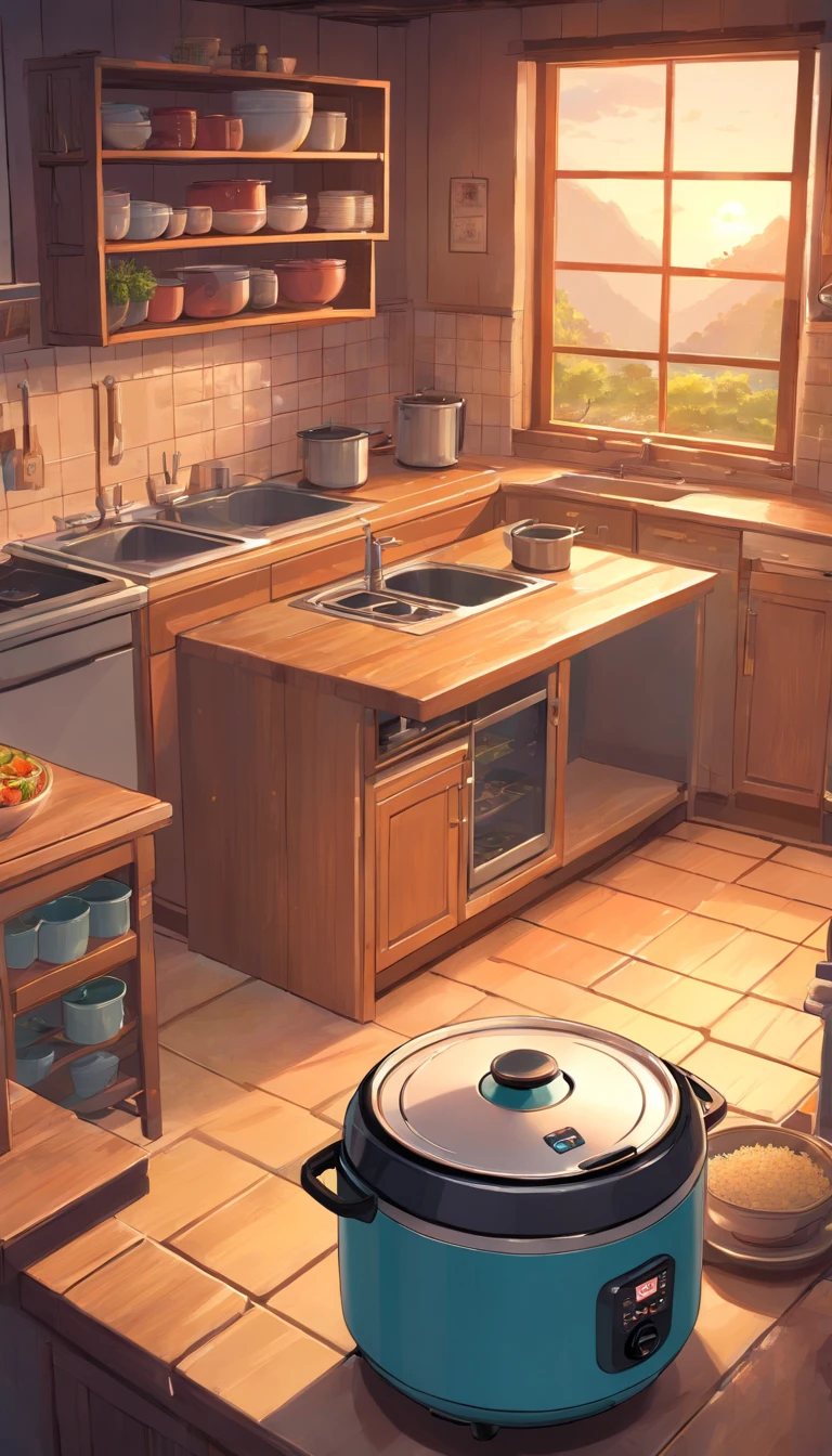 Cartoon kitchen scene with a pot and a stove and a sink - SeaArt AI