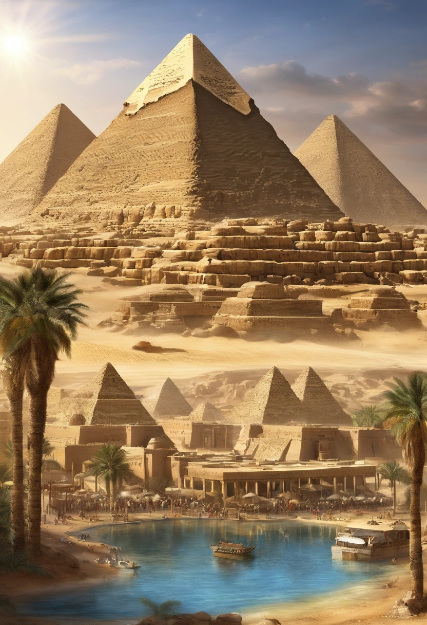 Arafed view of the pyramids of giza and a small pool - SeaArt AI