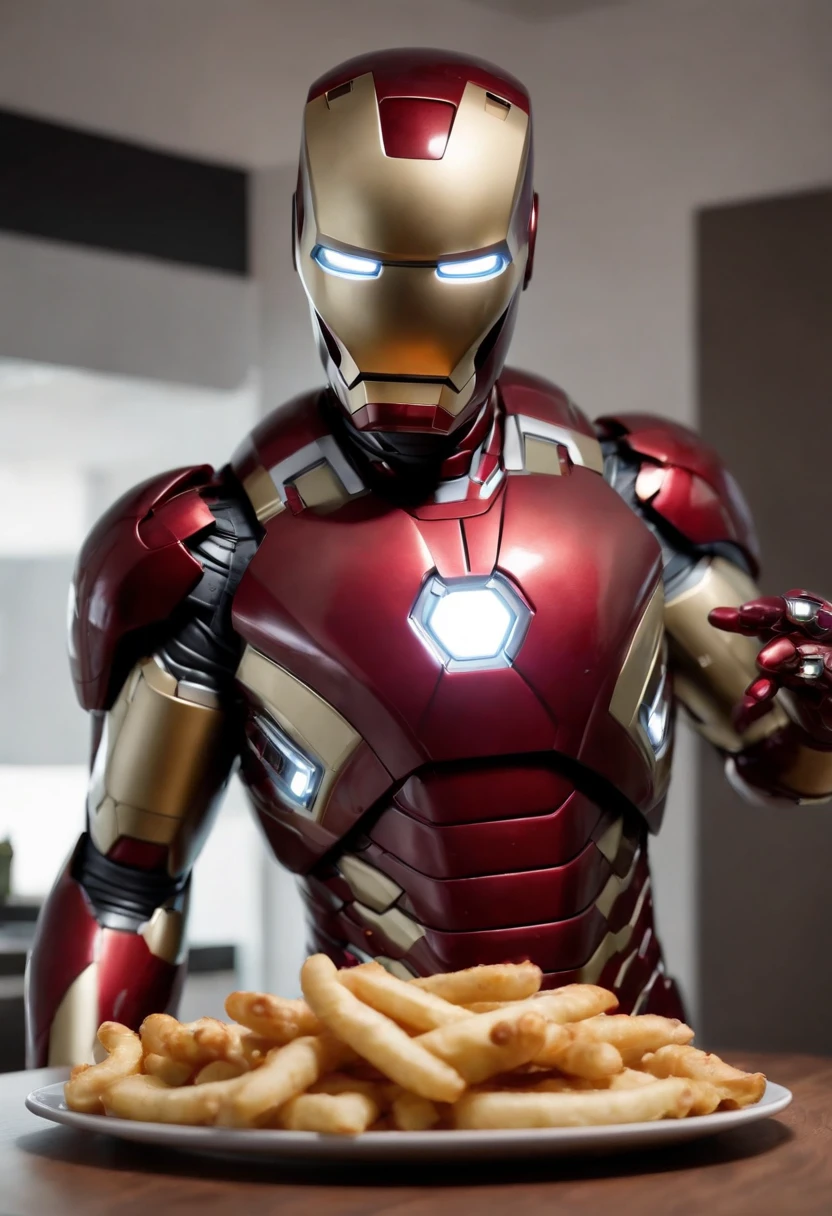 A close up of a plate of french fries with a statue of iron man - SeaArt AI