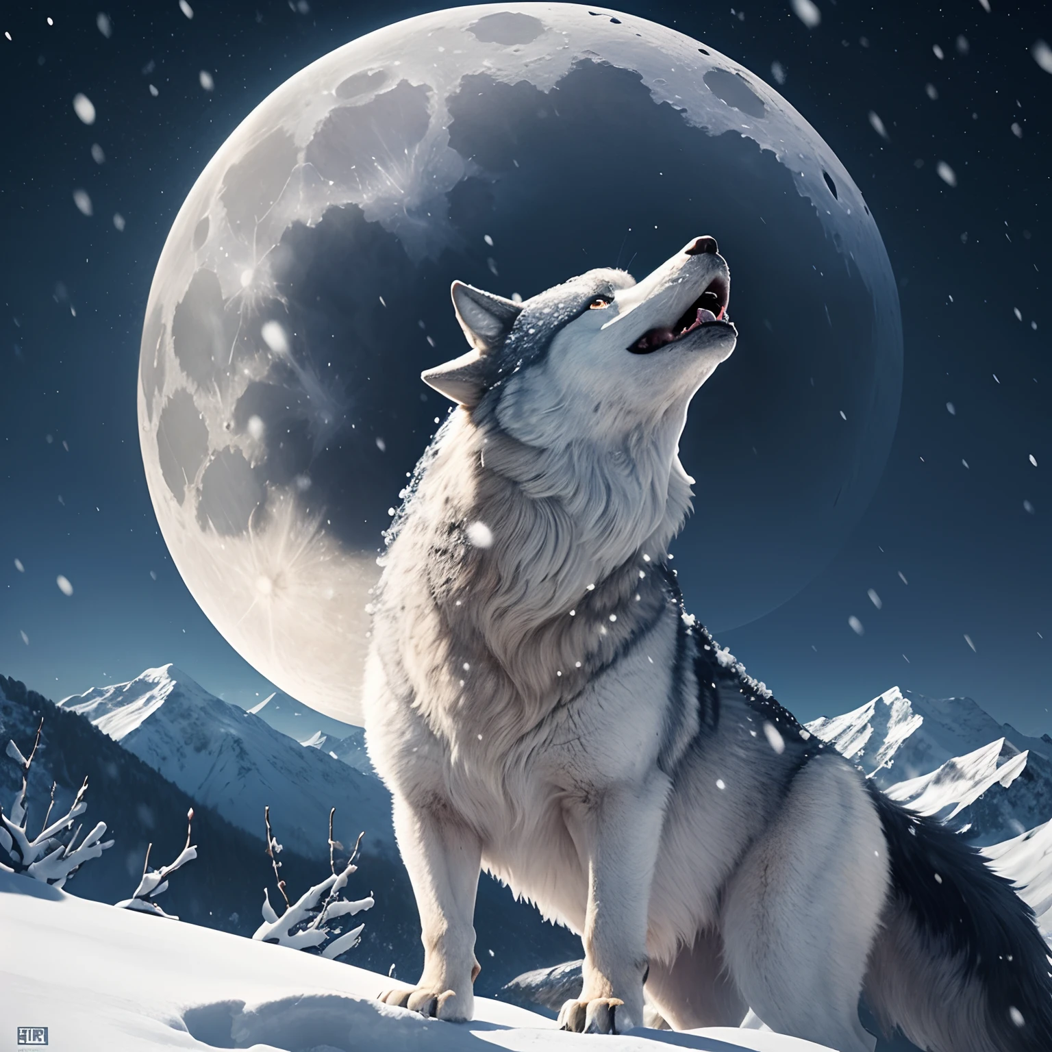Wolf howling at the moon in the snow with a full moon in the background ...