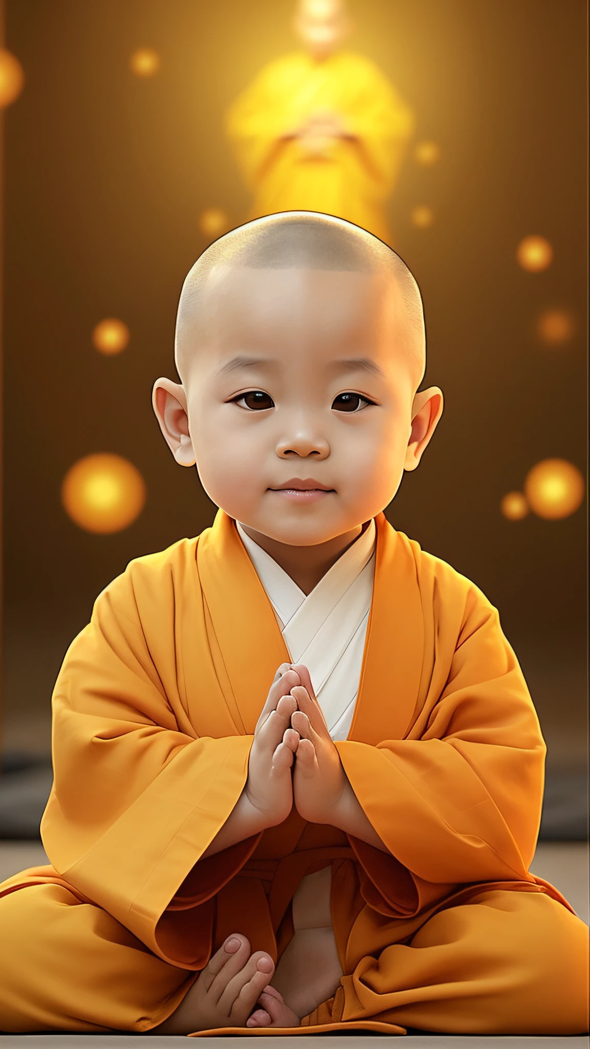 A close up of a child in a monk outfit sitting on the ground - SeaArt AI