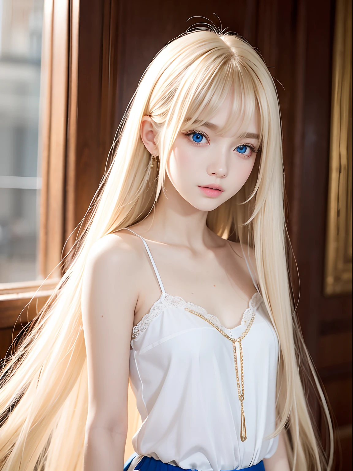 A Close Up Of A Woman With Long Blonde Hair Wearing A White Top Seaart Ai