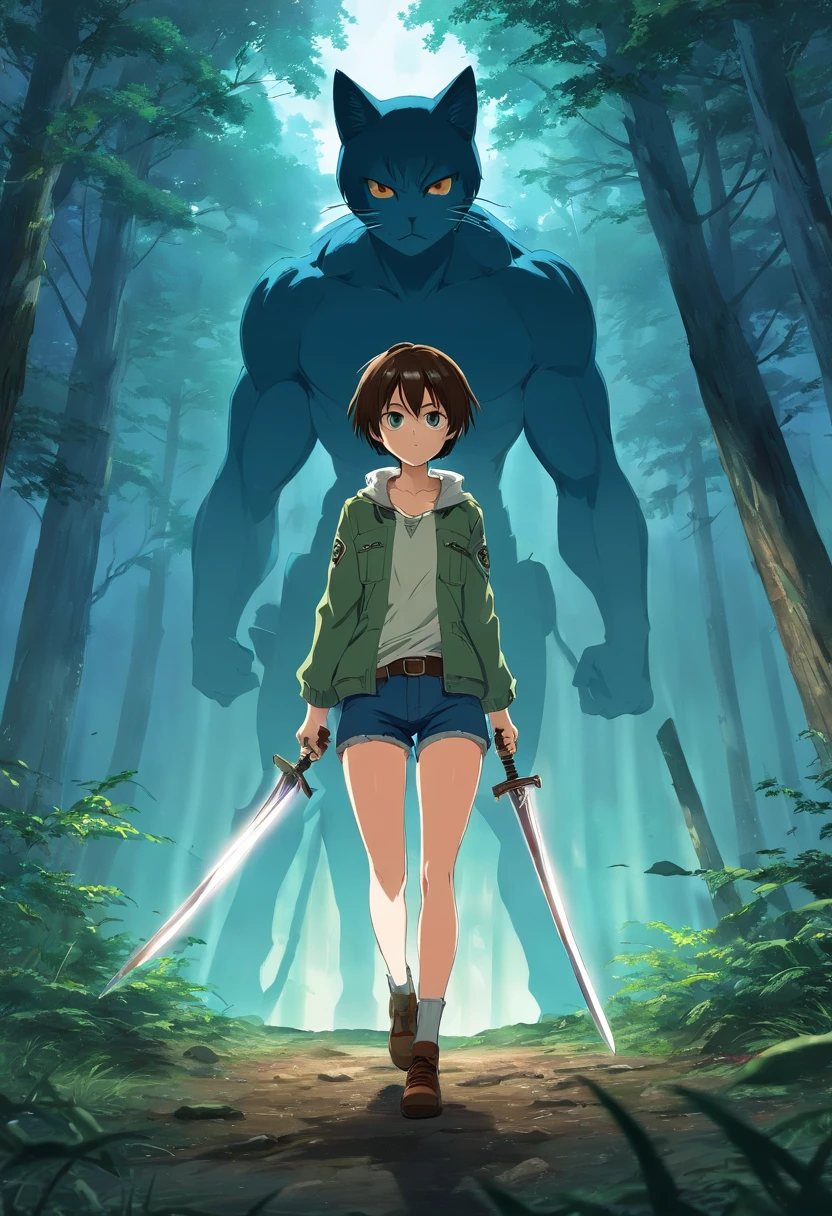 A woman standing in front of a giant blue cat in the woods - SeaArt AI