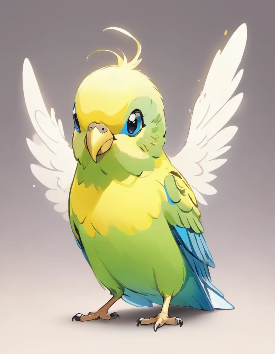 There is a yellow and green bird with white wings on a gray background ...