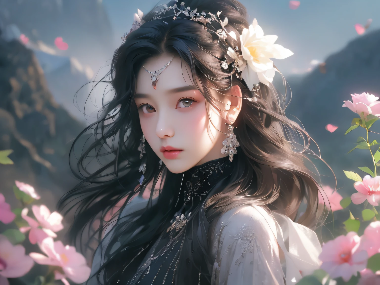 A close up of a woman with long hair and flowers in her hair - SeaArt AI