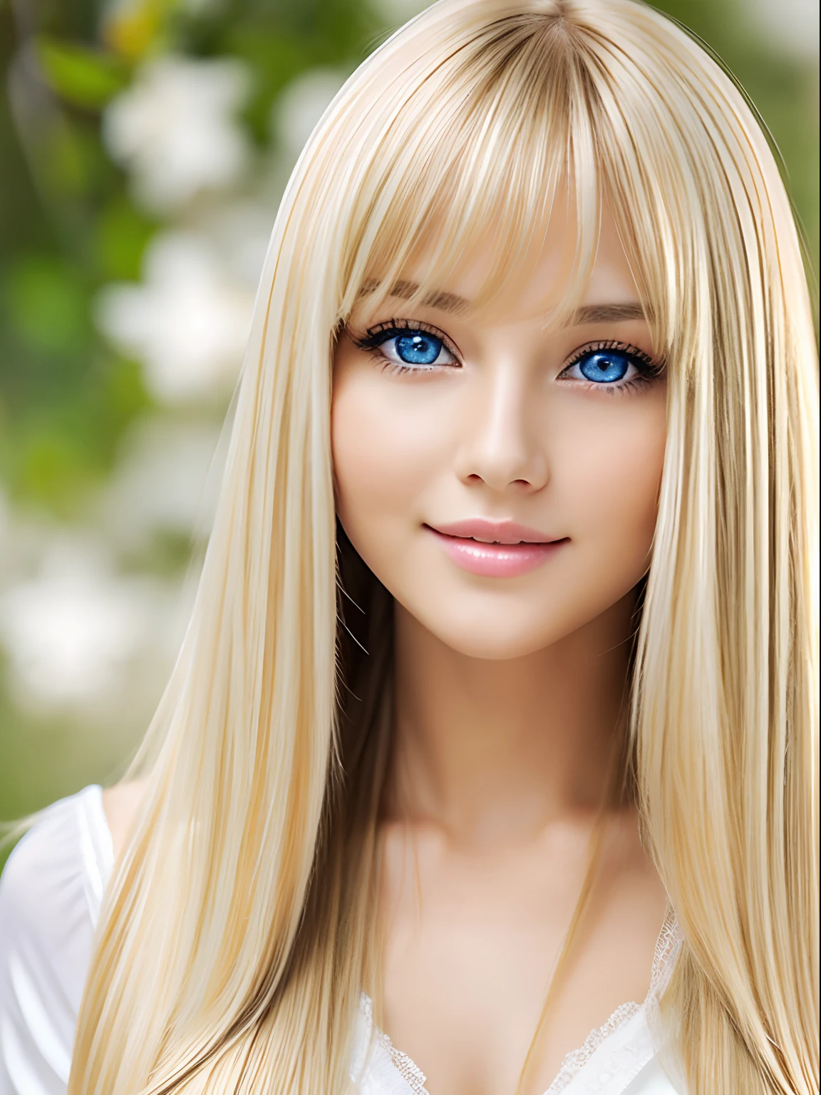 Blond woman with blue eyes and long blond hair posing for a picture - SeaArt AI