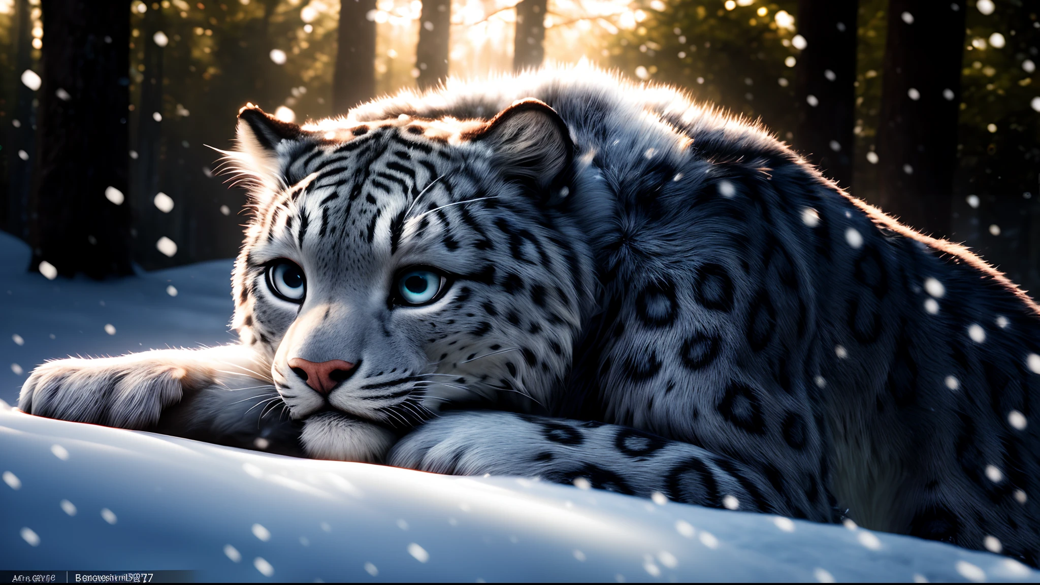 Snow leopard laying down in the snow with its paws on the ground ...