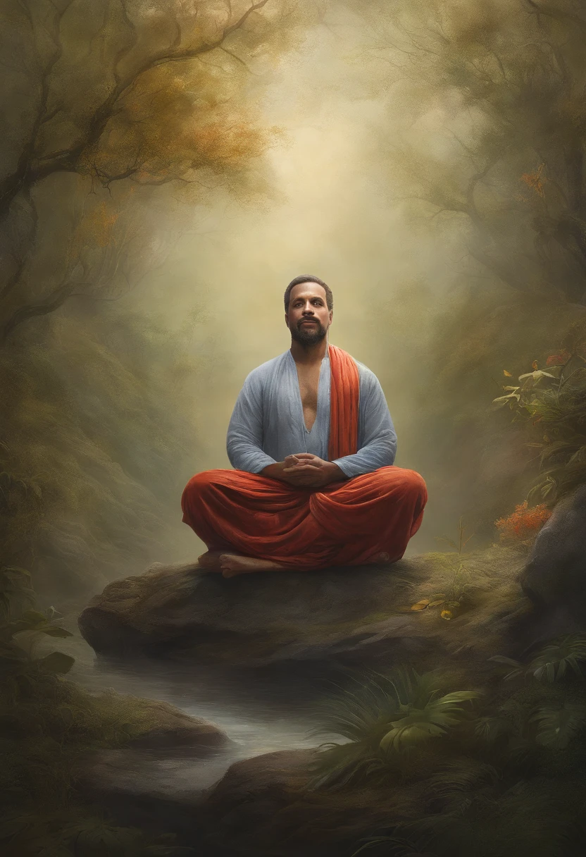 A painting of a man sitting in a meditation position on a rock - SeaArt AI