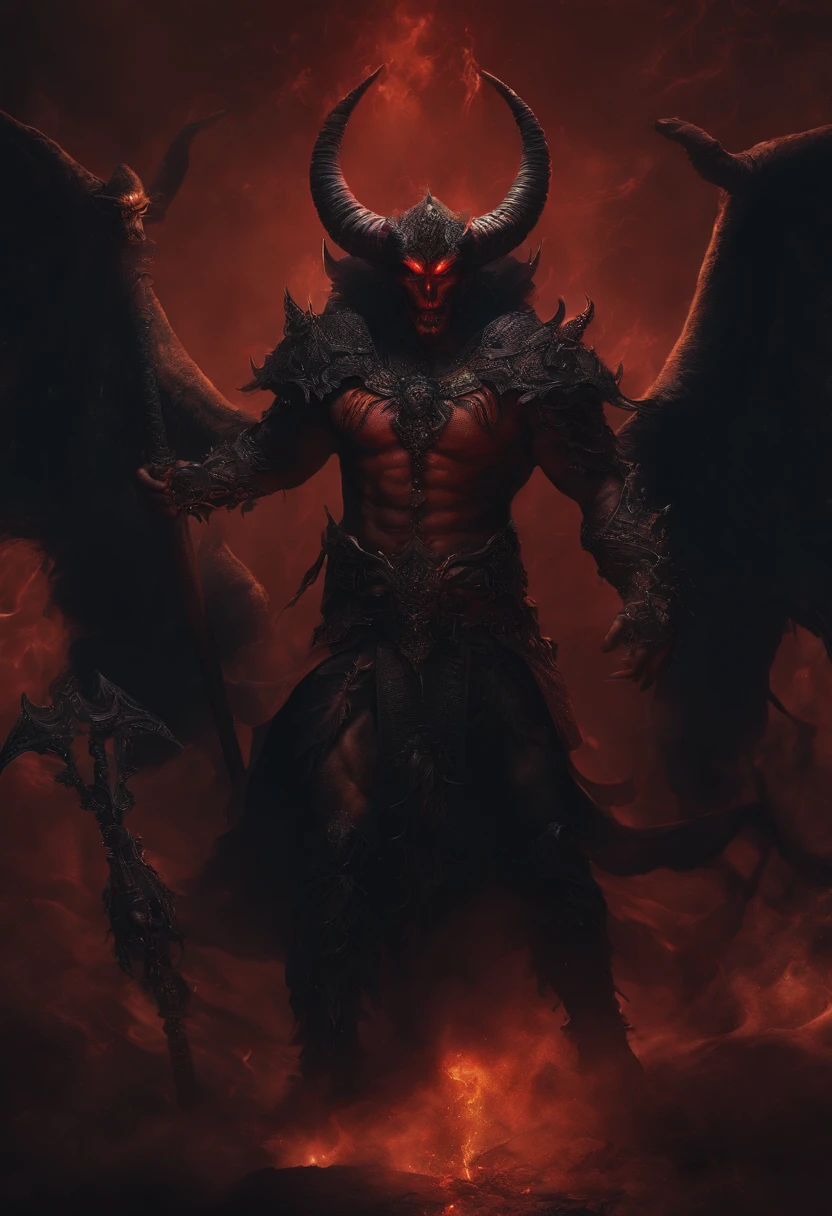 A demonic demon with horns and a large head standing in front of a red ...