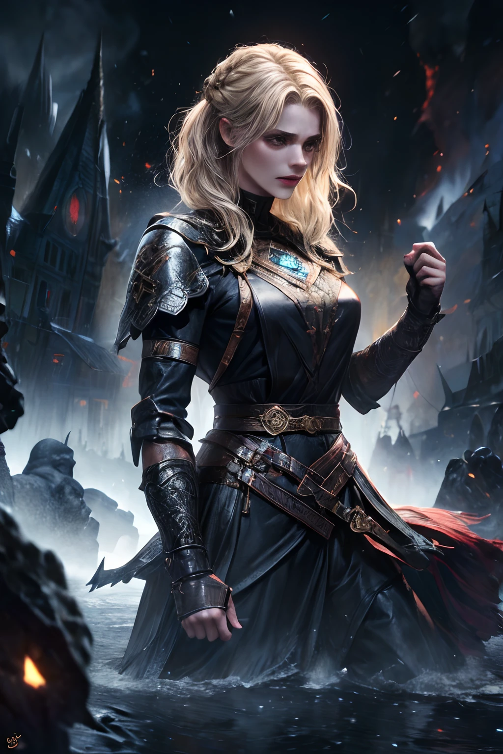 A woman in armor holding a sword in a dark - SeaArt AI