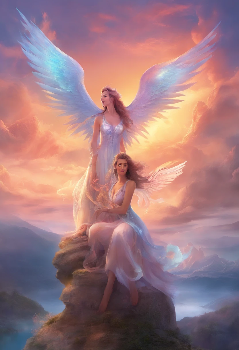 Two women sitting on a rock with wings flying above them - SeaArt AI