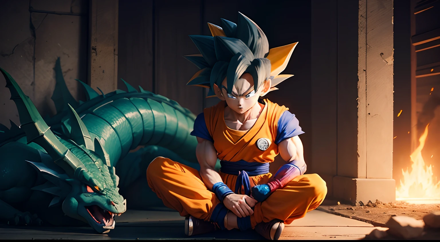 Dragon ball goku and gohan sit next to a dragon - SeaArt AI