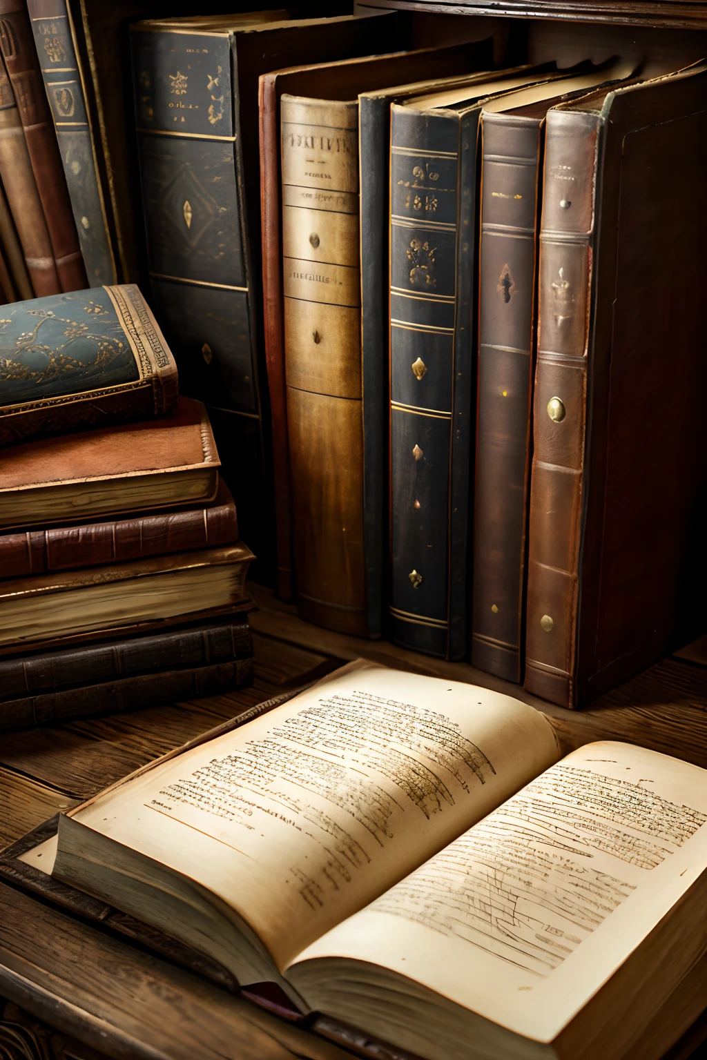 Books are stacked on a table with a book open - SeaArt AI