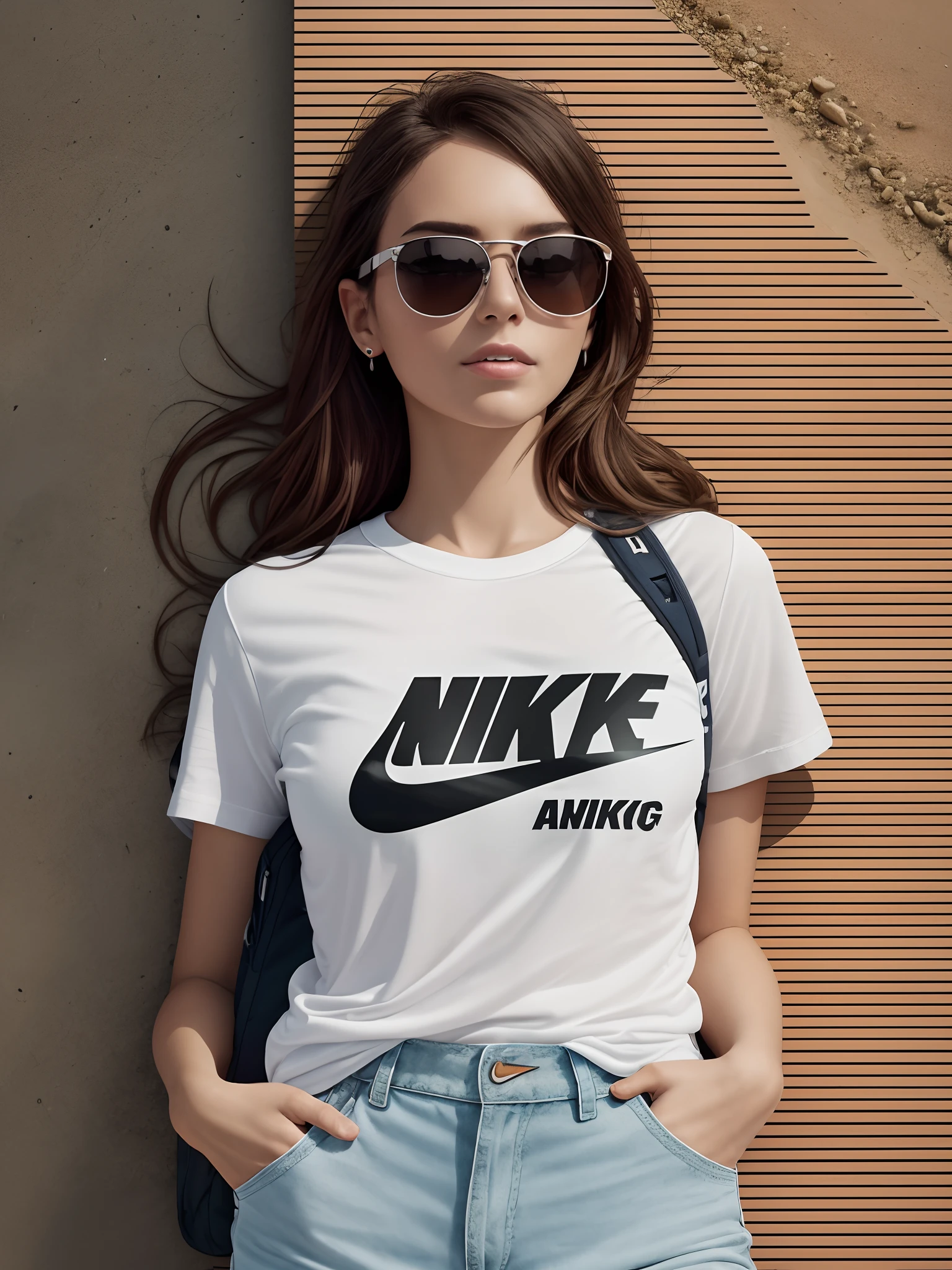 A woman wearing a white nike t - shirt and blue jeans - SeaArt AI
