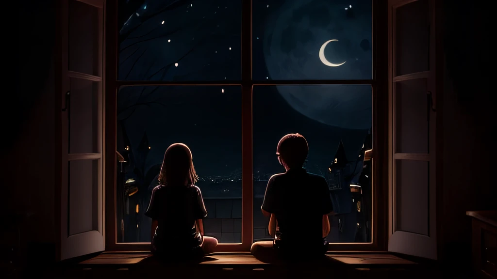 Two children sitting on a window sill looking out at the night sky ...