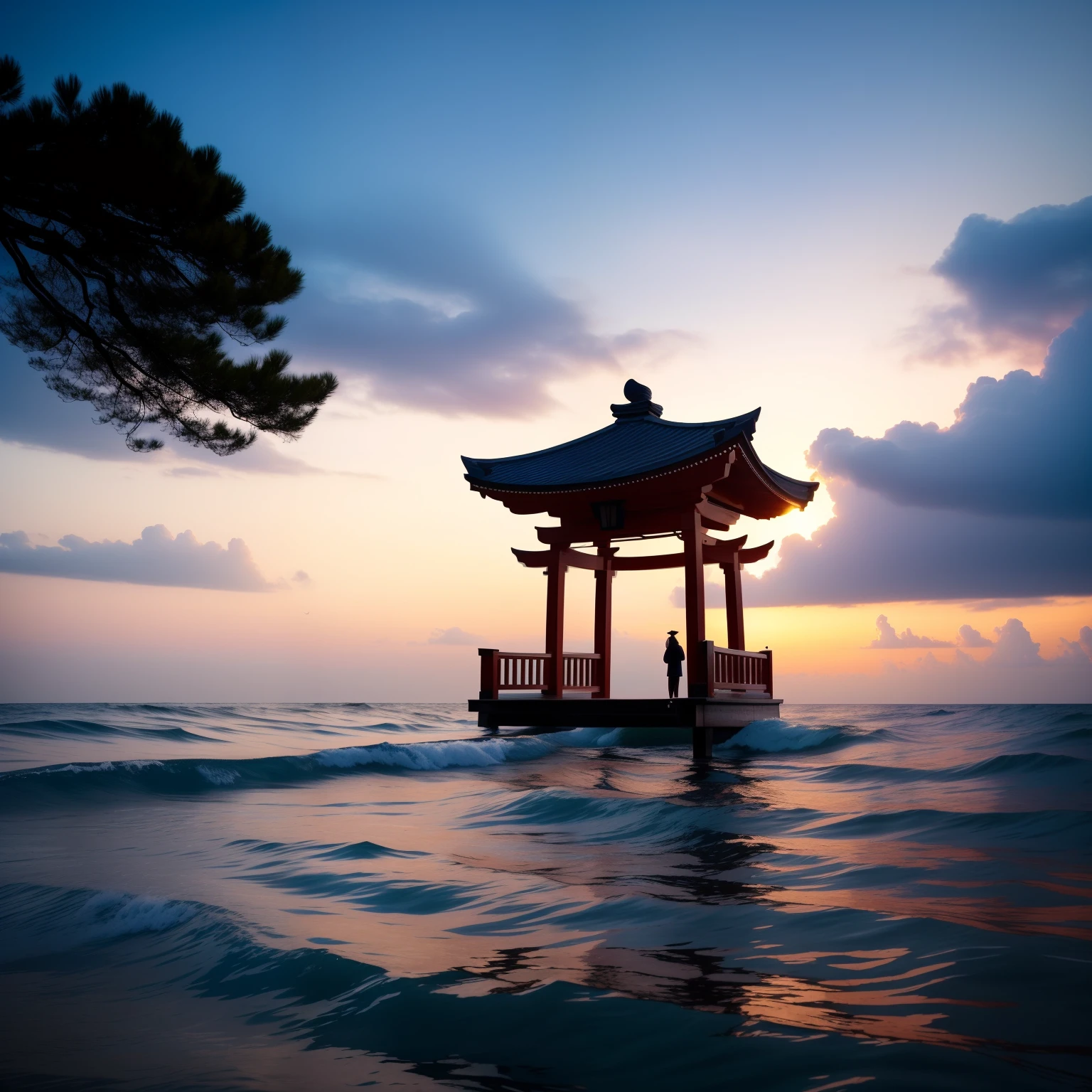 Arafed pagoda in the middle of the ocean at sunset - SeaArt AI