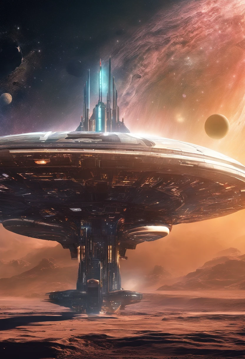 A large spaceship flying over a desert with a planet in the background ...