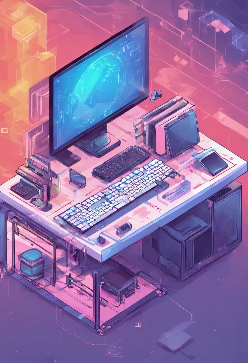 A close up of a computer desk with a monitor and keyboard - SeaArt AI