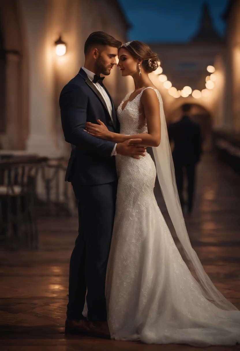A bride and groom pose for a photo in the evening - SeaArt AI