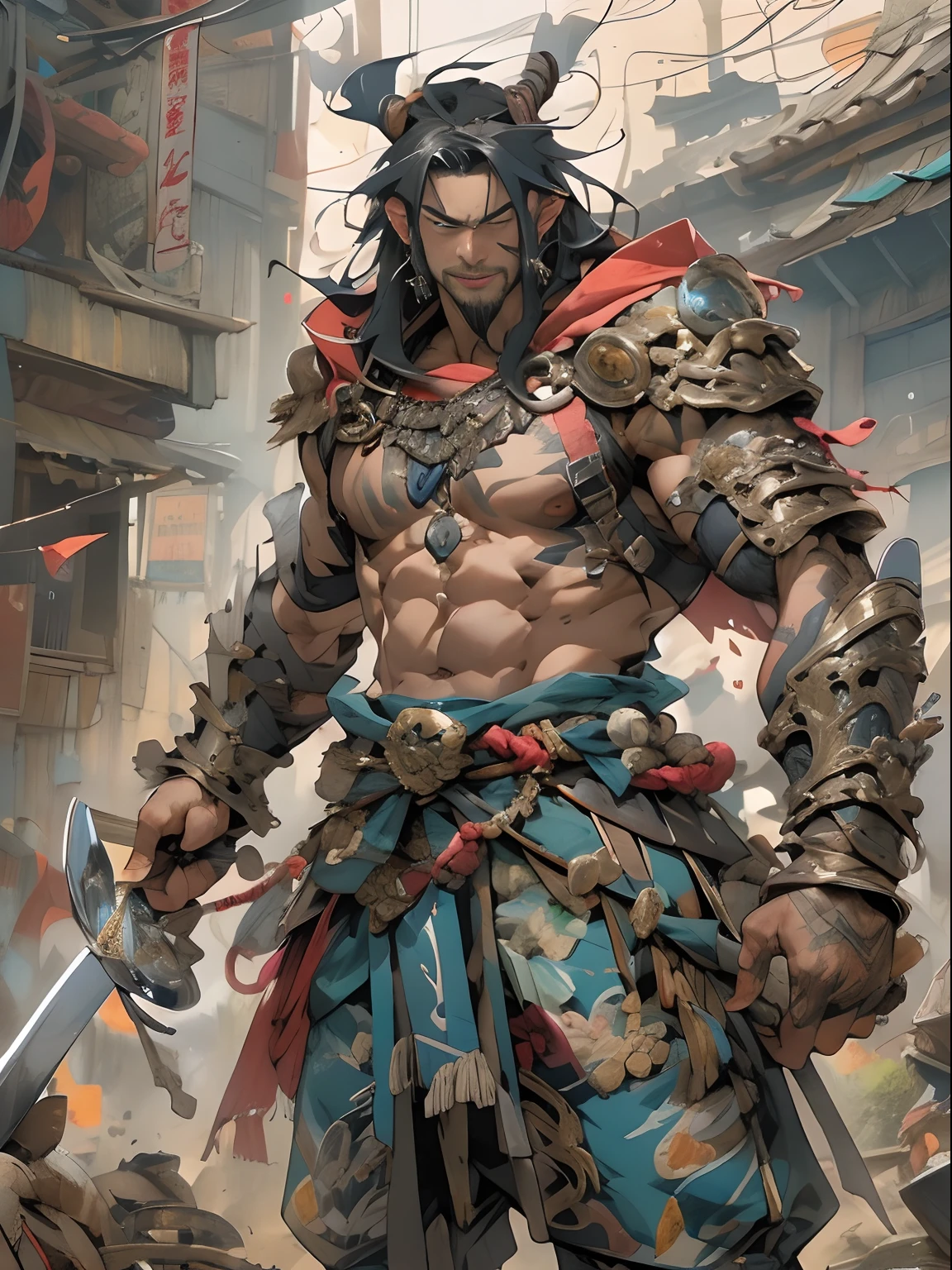 A close up of a man in armor holding a sword - SeaArt AI