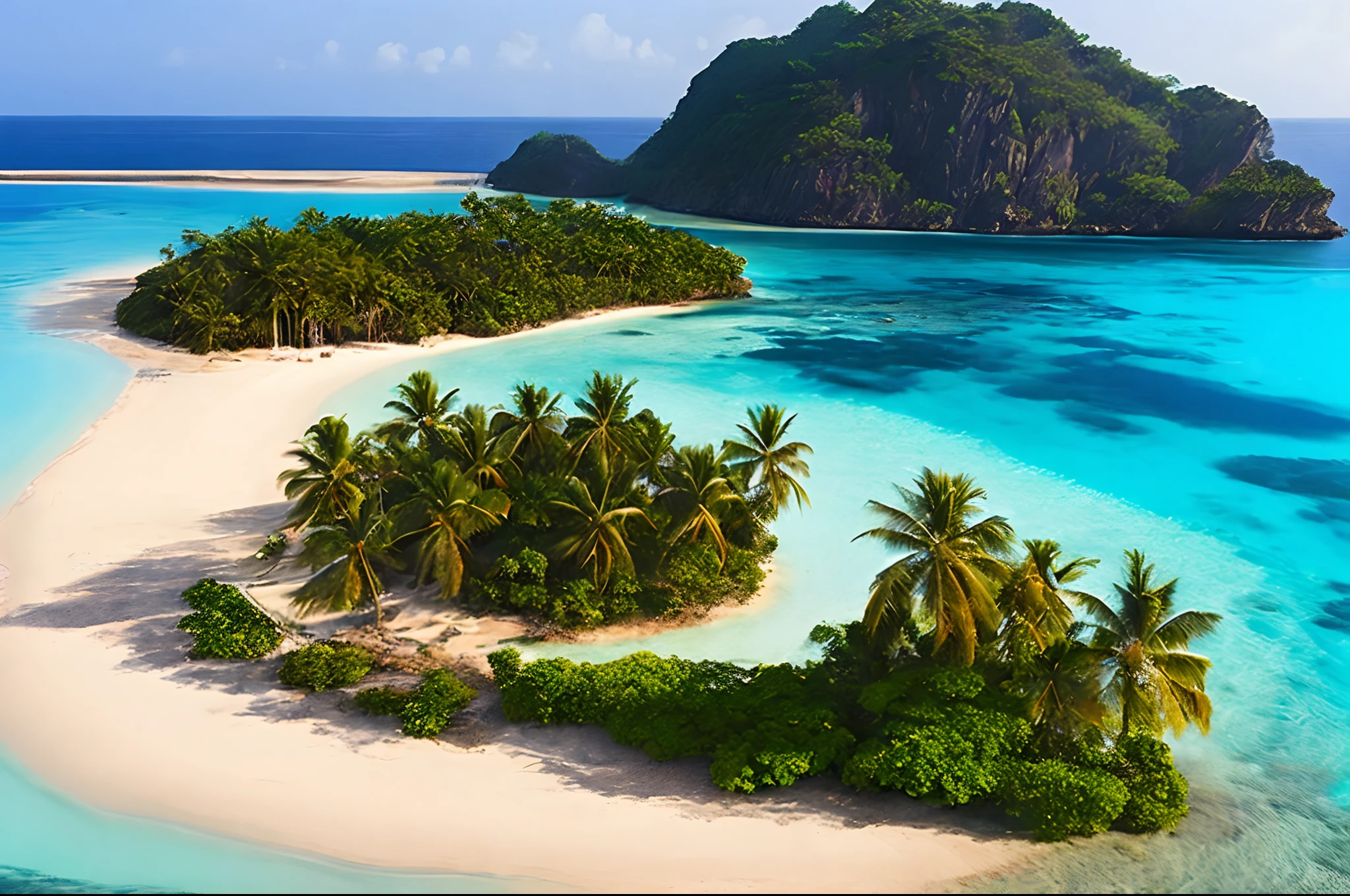 Arafed island with a sandy beach and palm trees in the ocean - SeaArt AI