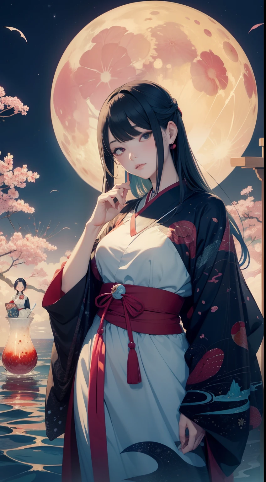 A woman in a kimono outfit standing in front of a full moon - SeaArt AI