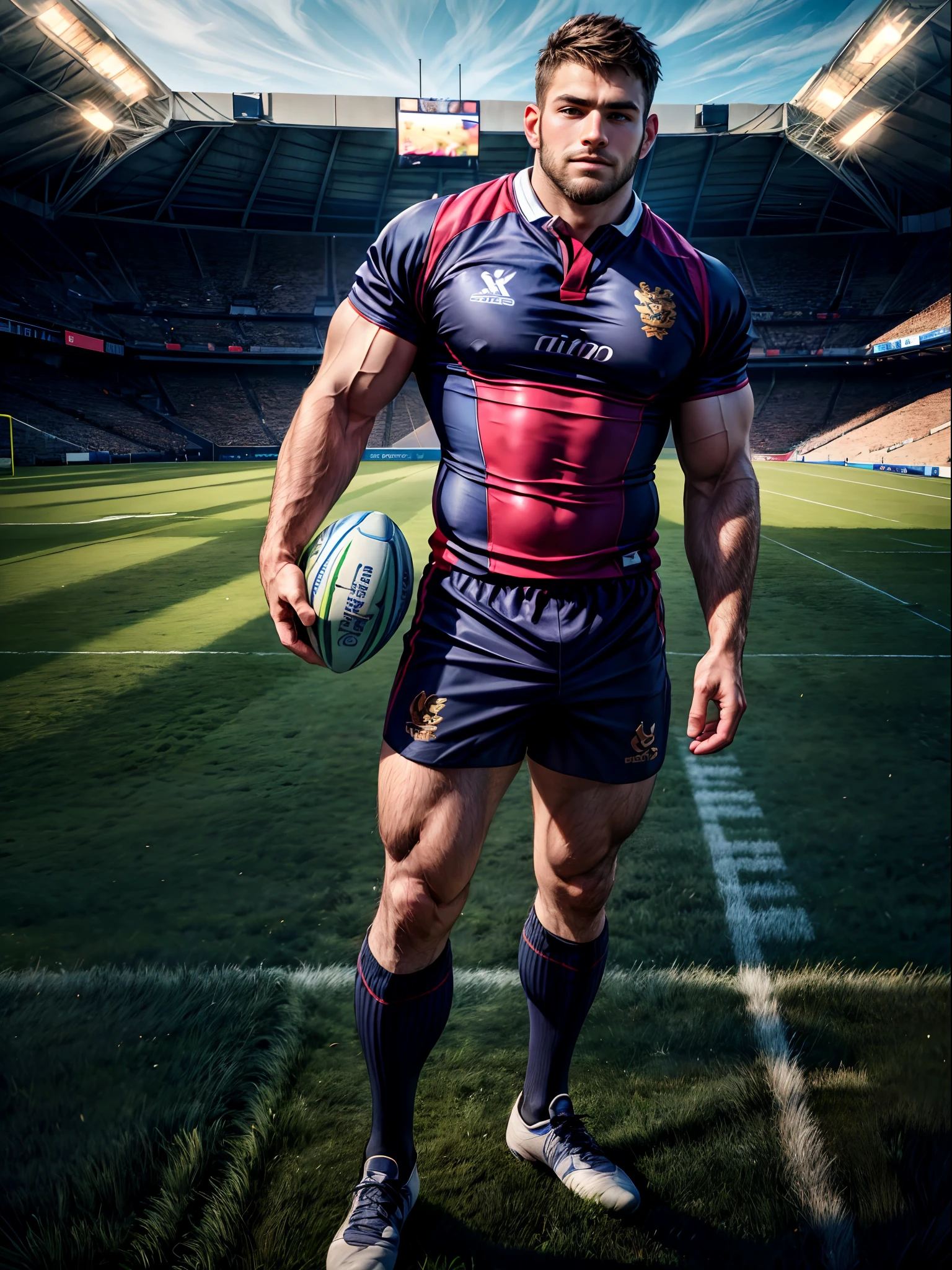 Arafed man in a rugby uniform holding a ball on a field - SeaArt AI