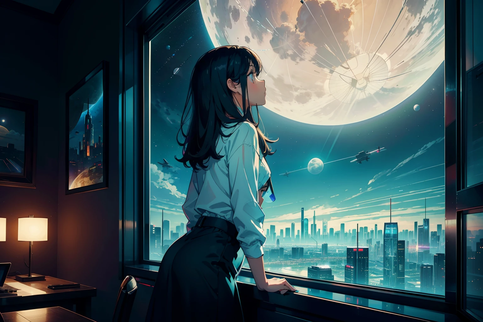 Anime girl looking out of window at city skyline at night - SeaArt AI