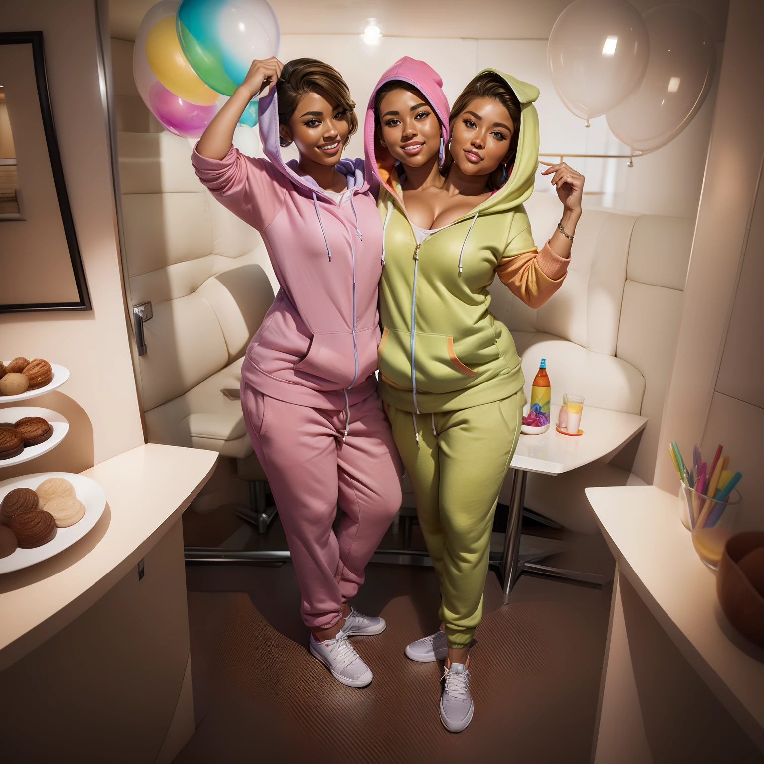 Two women in matching outfits posing for a picture in a room - SeaArt AI
