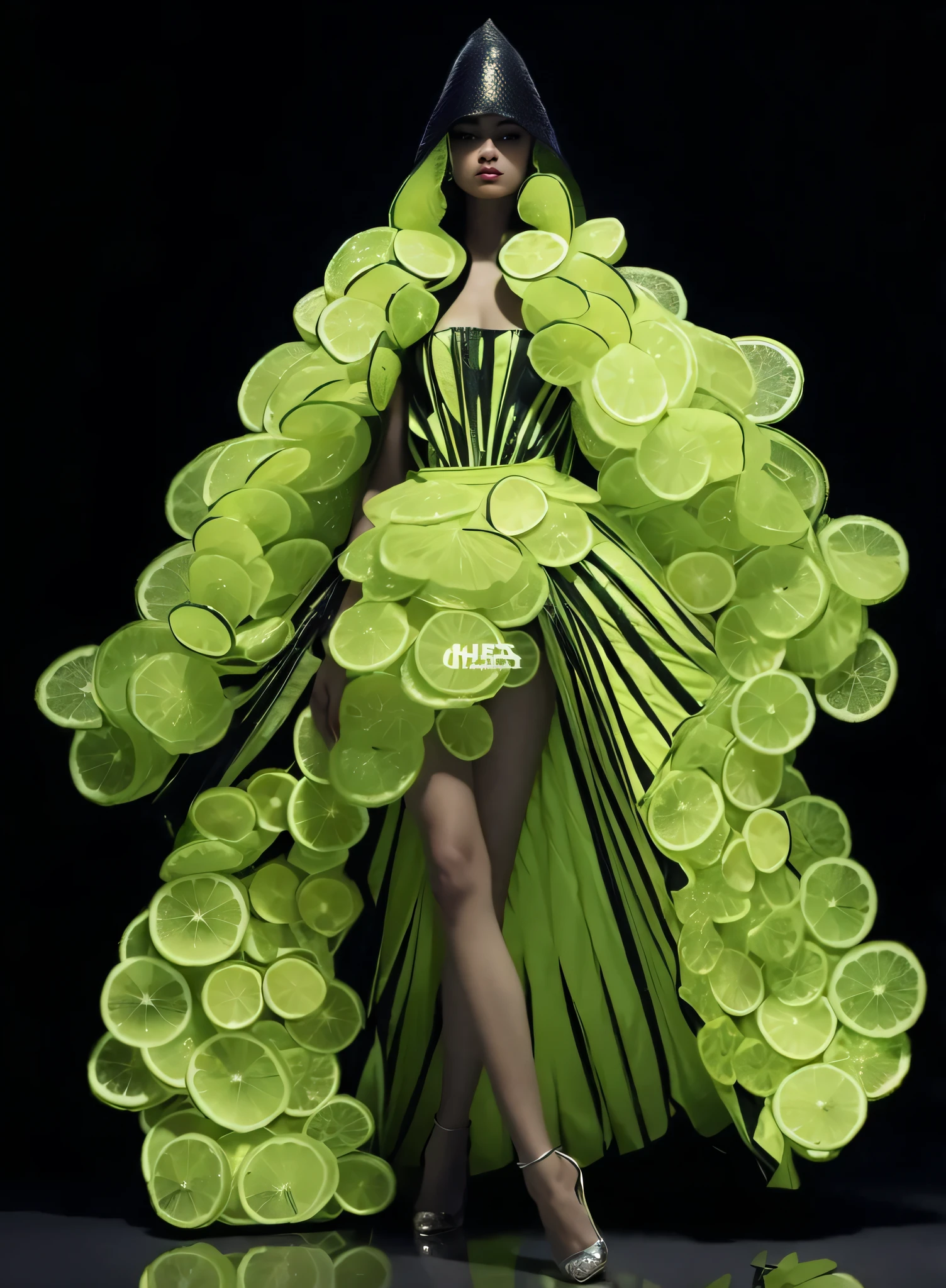 A woman in a green dress with a lot of plates on it - SeaArt AI