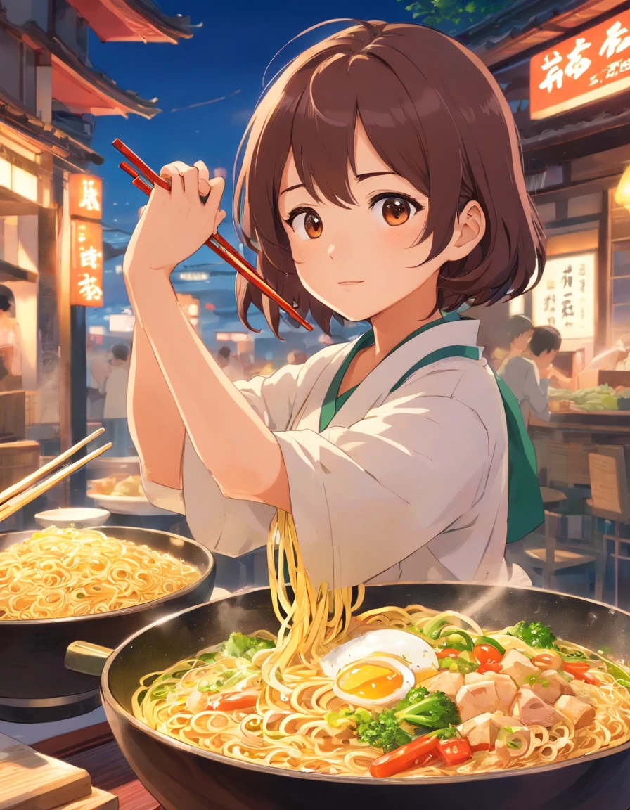 Anime girl eating noodles in a bowl with chopsticks - SeaArt AI