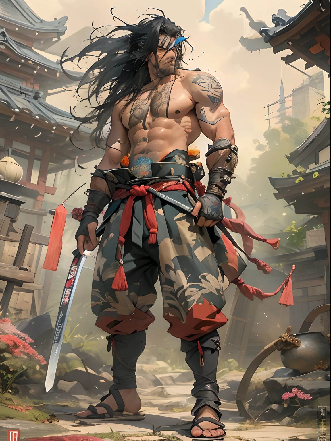 A man with a sword standing in front of a building - SeaArt AI