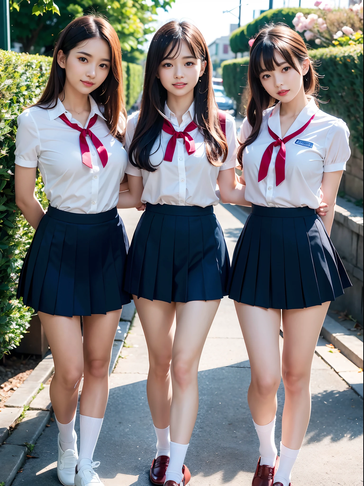 学校の制服を着た若い女性3人が写真撮影をしています Seaart Ai 