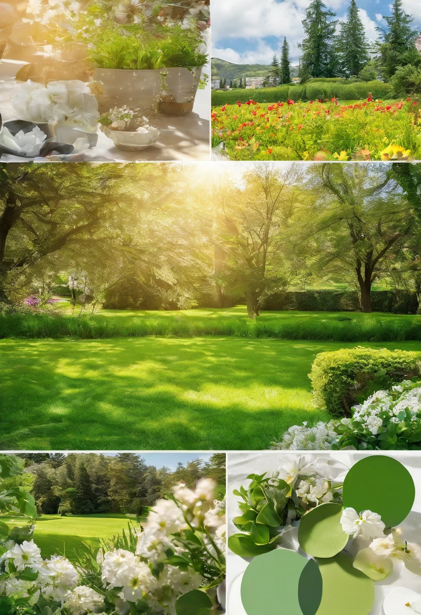 A series of photos of a garden with flowers and trees - SeaArt AI