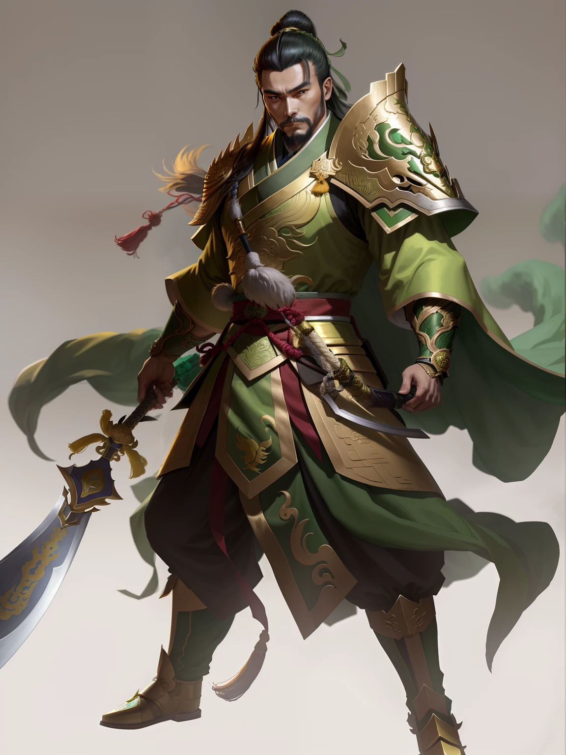 A man in a green and gold outfit holding a sword - SeaArt AI