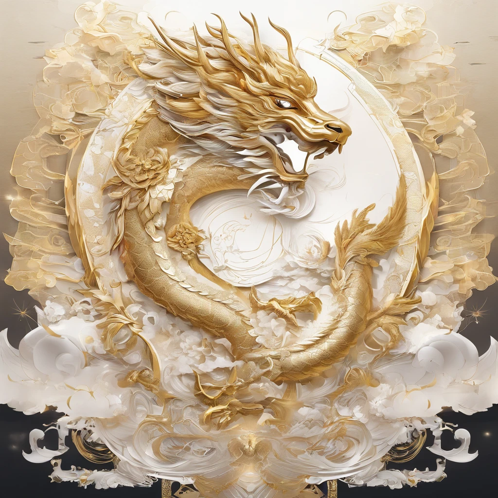 A close up of a dragon on a white and gold background - SeaArt AI
