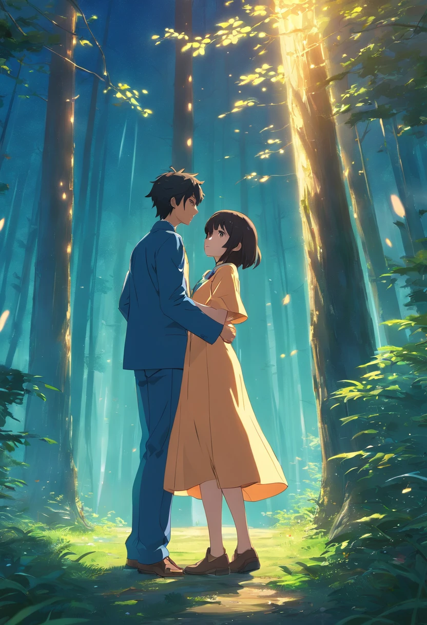 A man and woman standing in the woods with a forest background - SeaArt AI