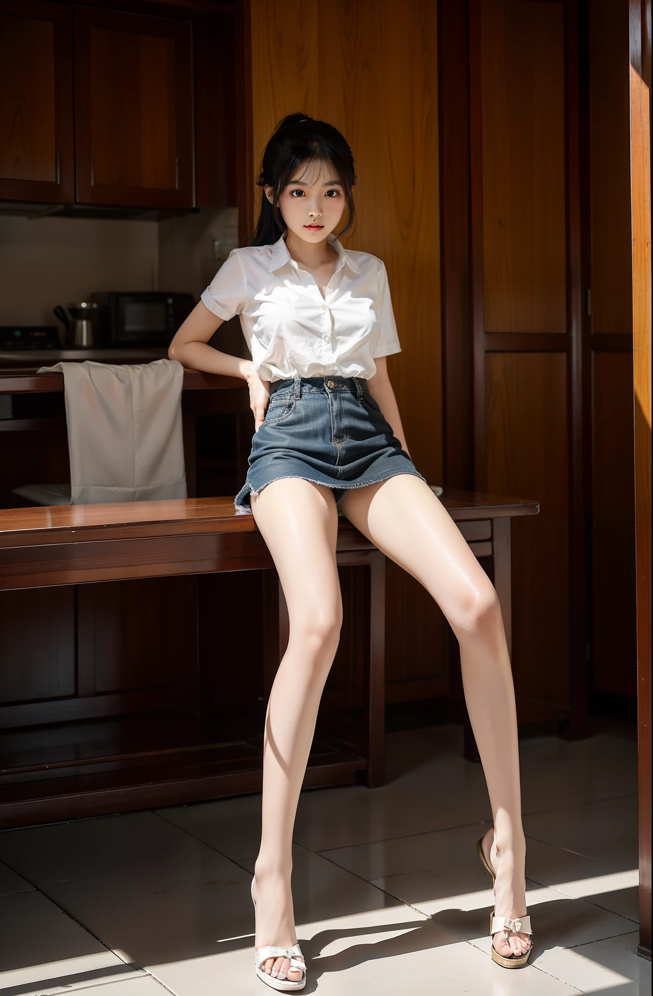 Arafed asian woman in a white shirt and denim shorts posing for a picture - SeaArt AI