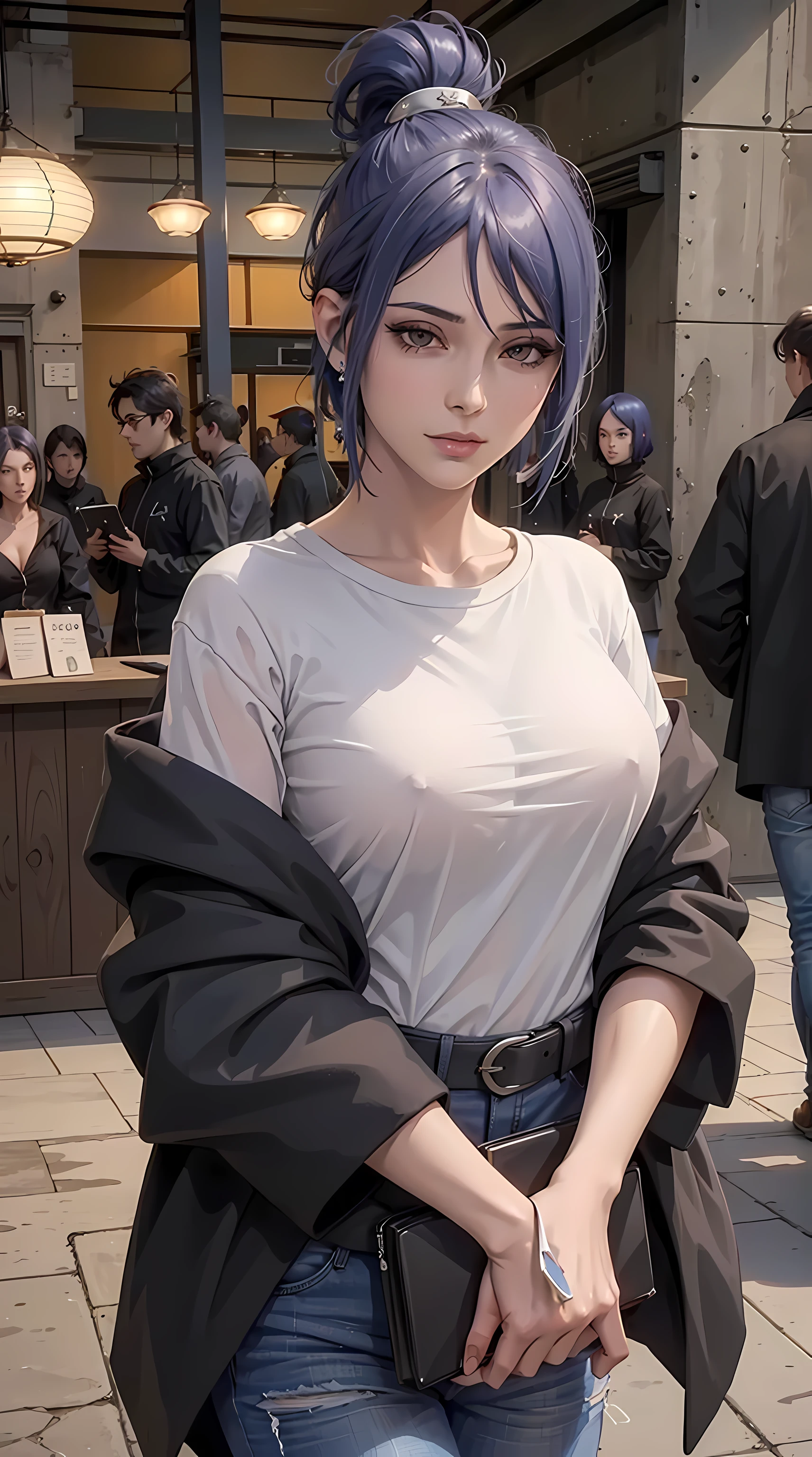 Araffed woman with blue hair and a white shirt and jeans - SeaArt AI