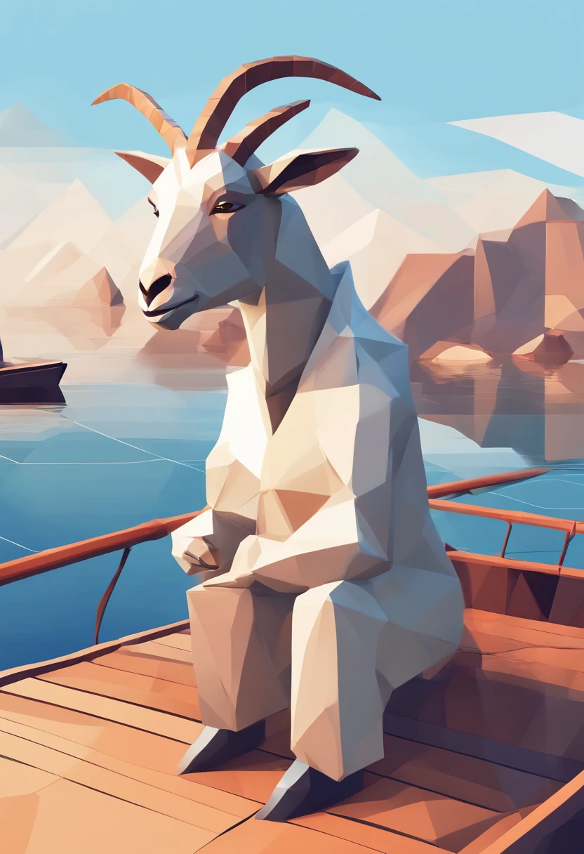 There is a goat sitting on a boat in the water - SeaArt AI
